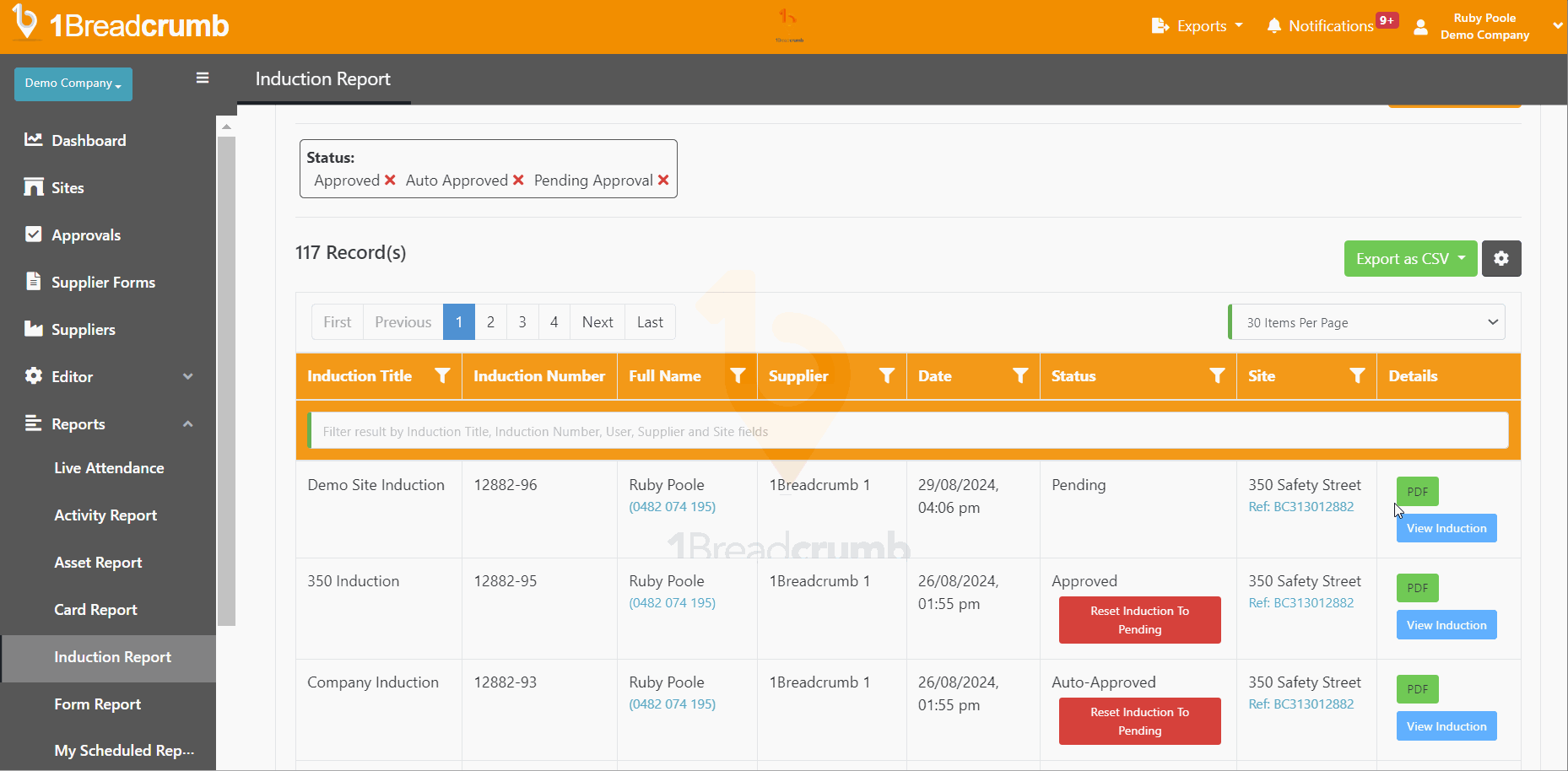 Induction Report: View Induction Records